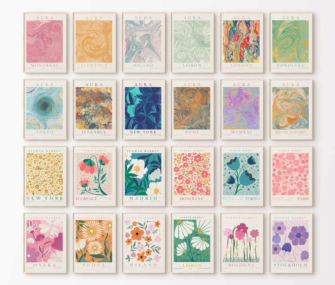 24 Posters Gallery Wall Set, Flower Decor Prints, Aura Gradient Wall ...