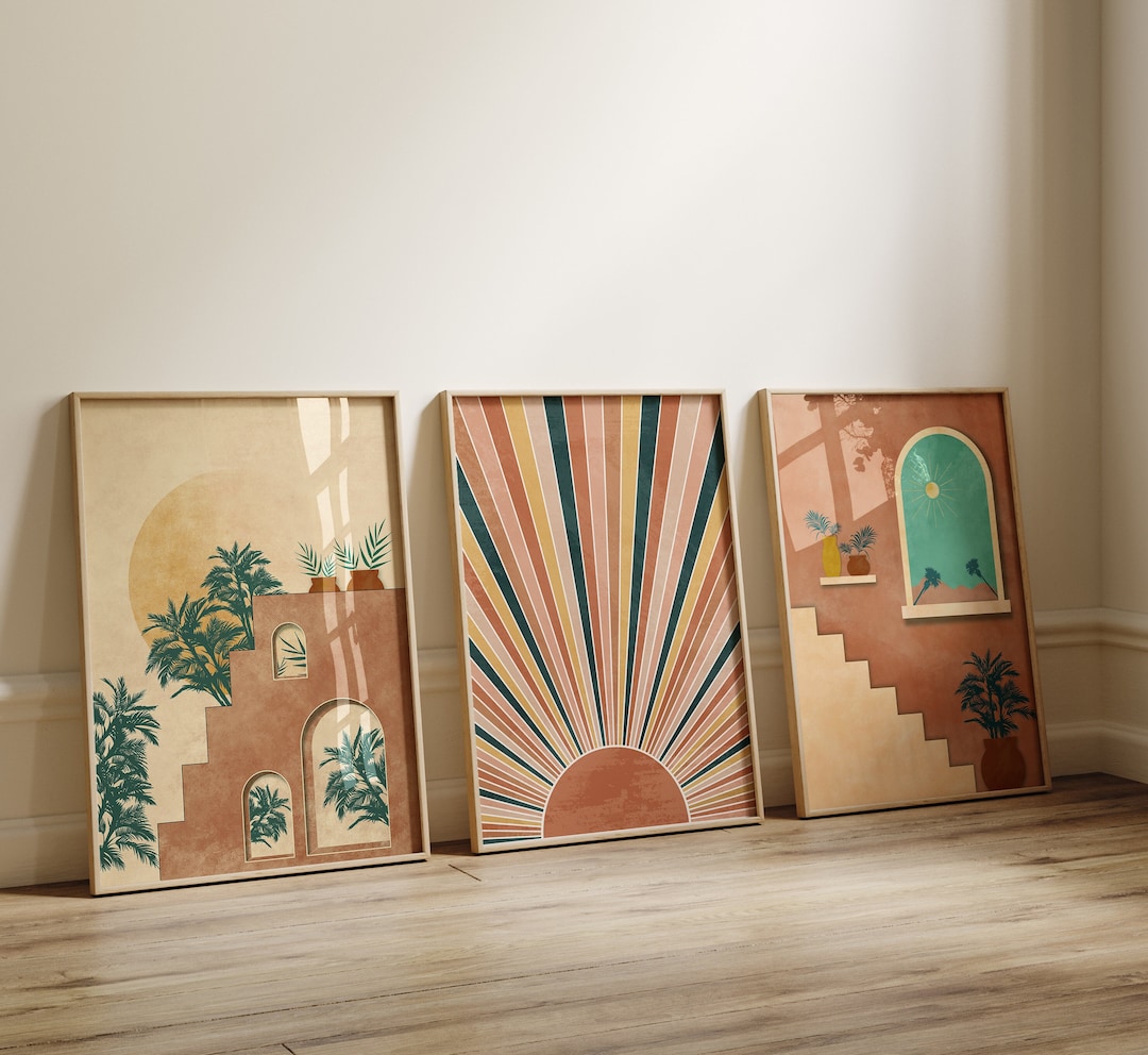 Boho Desert Wall Art Set, Orange Yellow Poster Set, Bohemian Desert Art ...