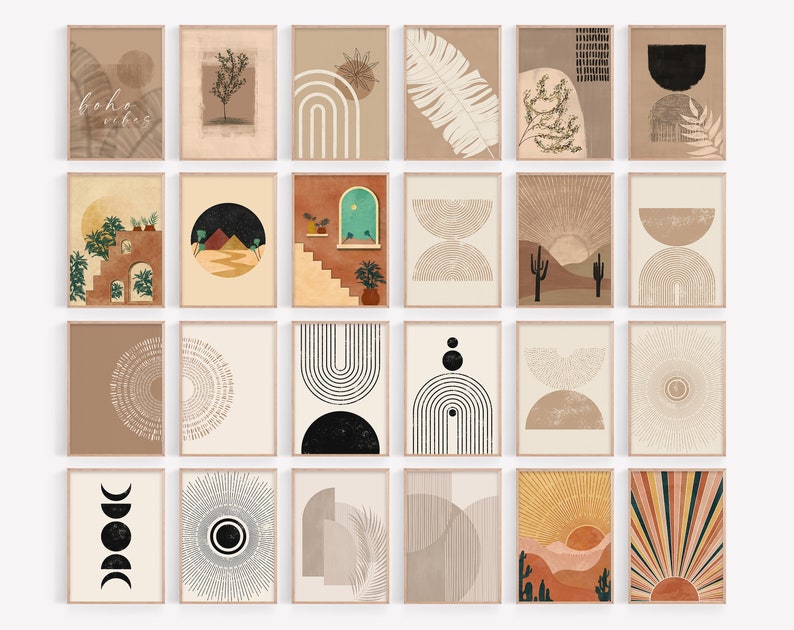 Boho Print Bundle, 24 Pieces of Poster, Gallery Wall Art Set, Neutral ...