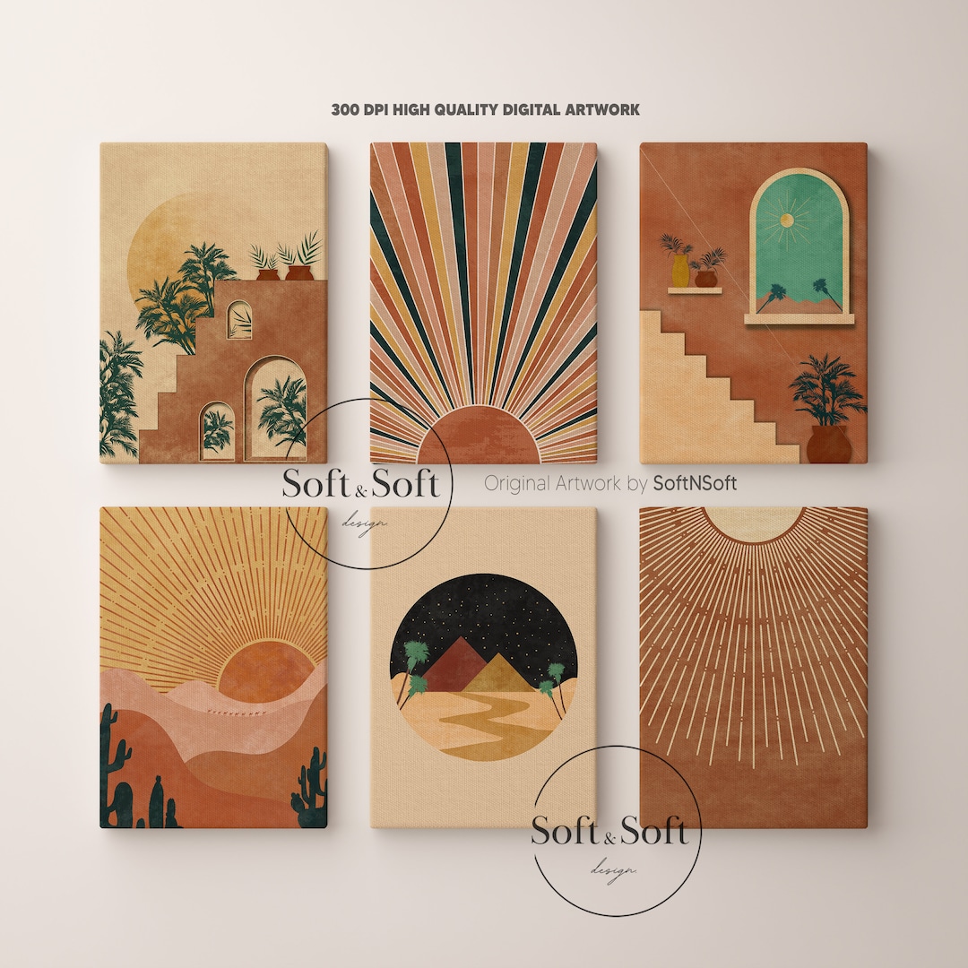 Boho Style Landscape Wall Art Set of 6, Mega Bundle, Mid Century Modern ...