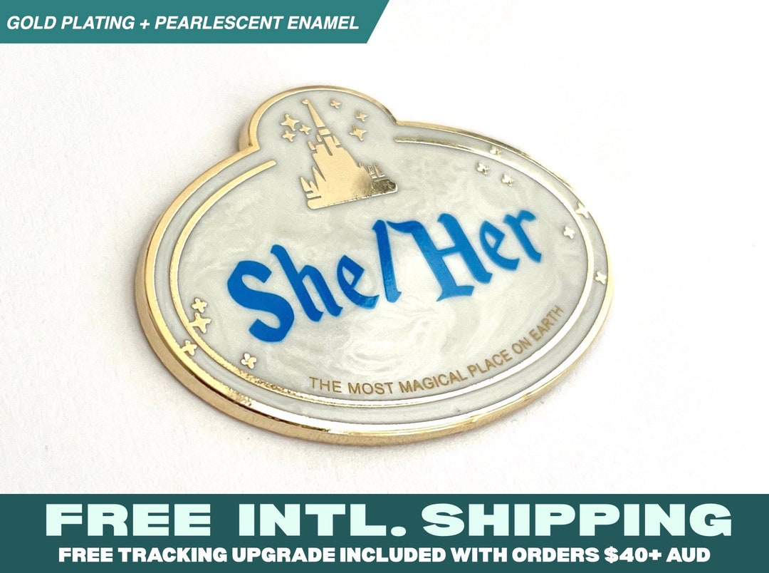 ENAMEL PIN: Pronoun Tag Theme Park Name Tag "she/her" Design (gold ...