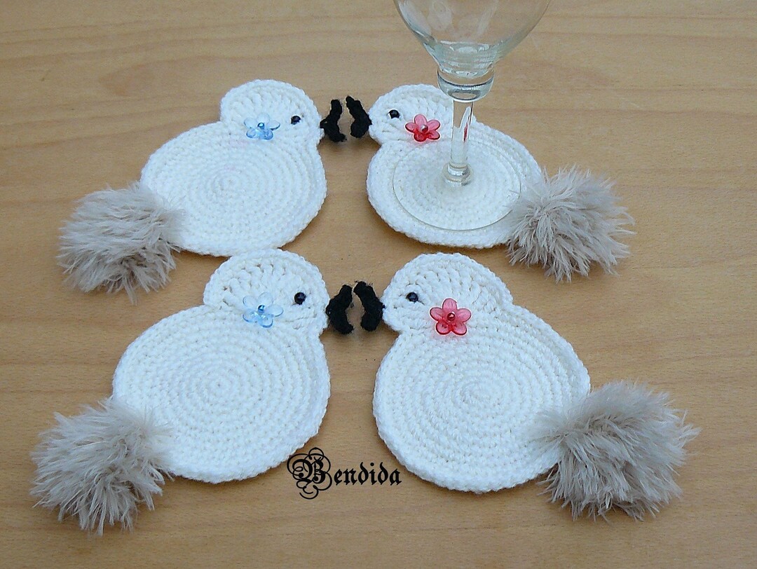 Bird Coasters Set of 4, Crochet Drink Mat, Funny Animal Coasters, White ...