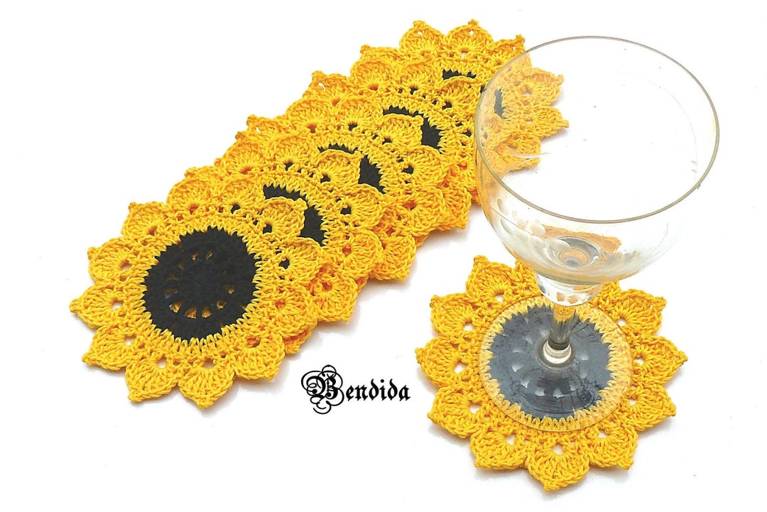 Sunflower Coasters Set, Crochet Drink Coasters, Coffee Cup Coasters ...