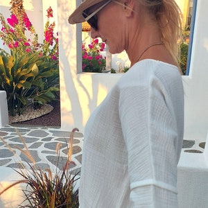 White Muslin Women Blouse , 3/4 Sleeve Gauze Cotton Top, Loose Organic ...