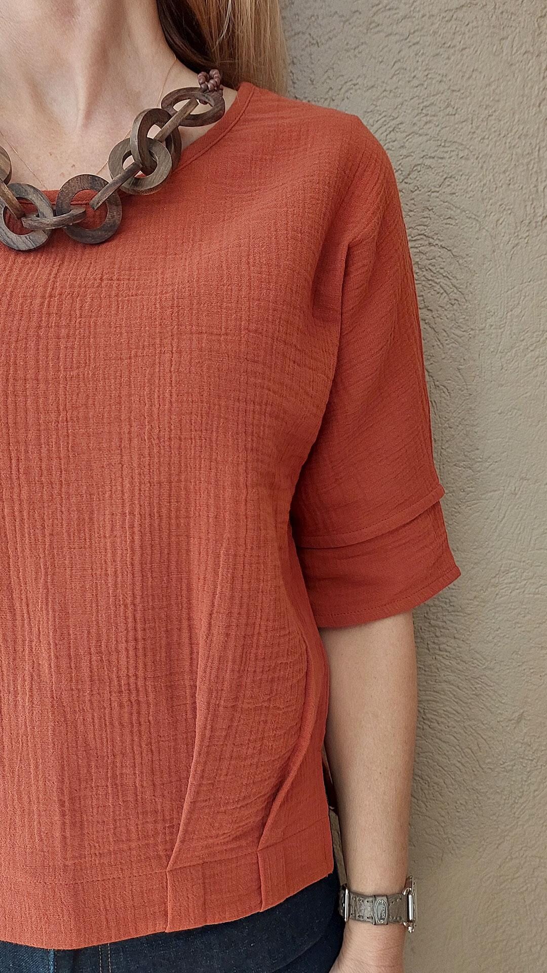 Burnt Orange Muslin Women Blouse , 3/4 Sleeve Gauze Cotton Top, Loose ...