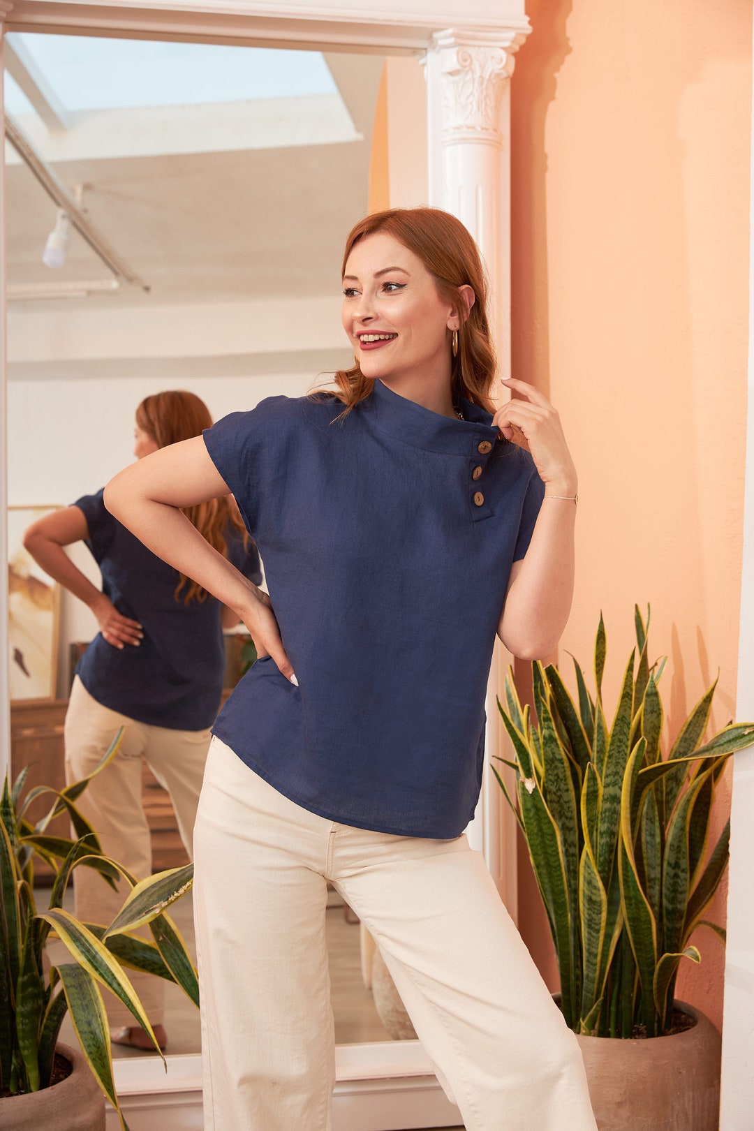 Navy Blue High Neck Blouse Button on Shoulder, Short Sleeve Linen Women ...