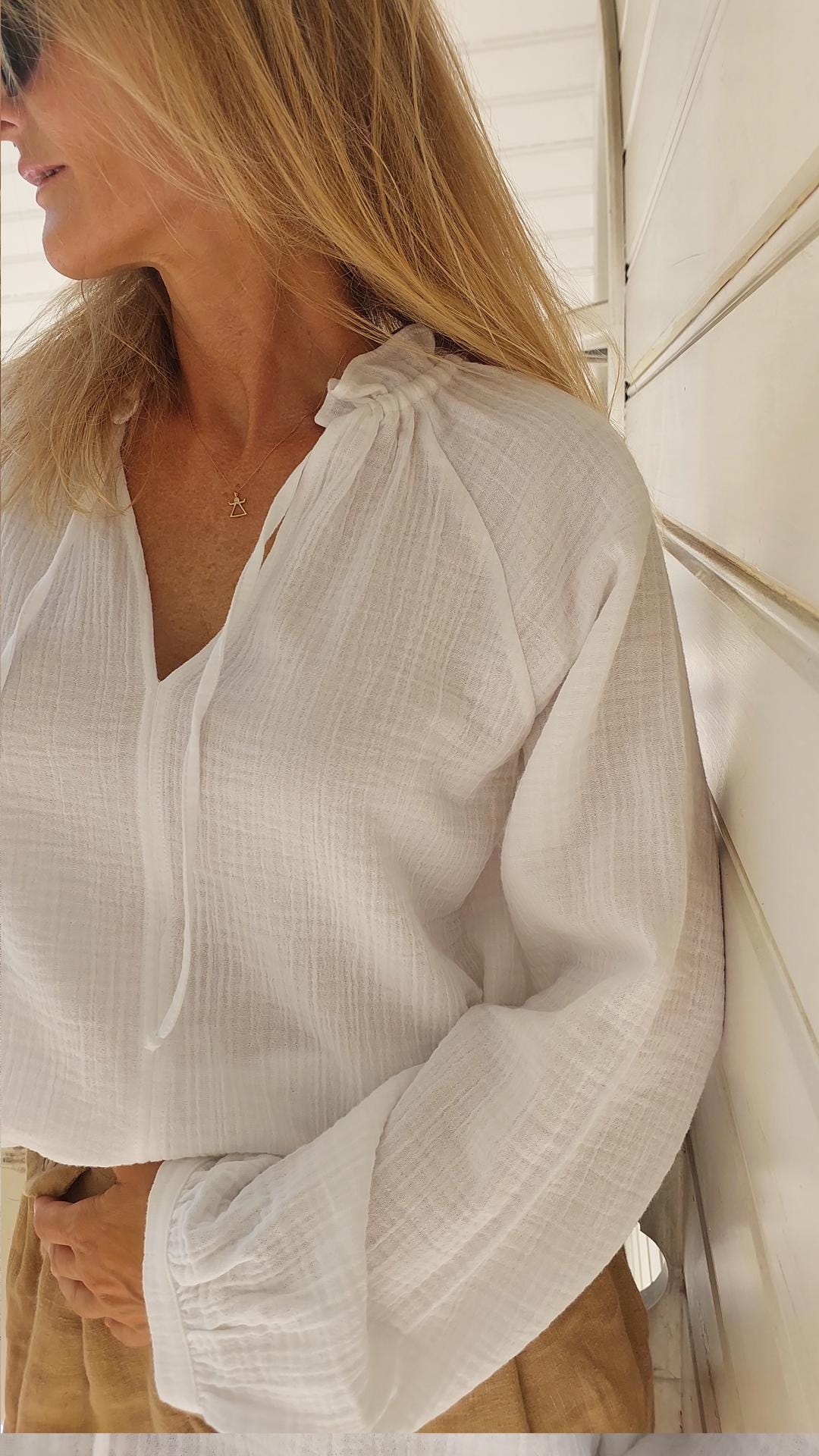 White Muslin Women Blouse, Long Sleeve Gauze Cotton Top, Breathable ...