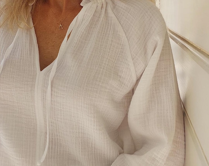 White Muslin Women Blouse, Long Sleeve Gauze Cotton Top, Breathable ...