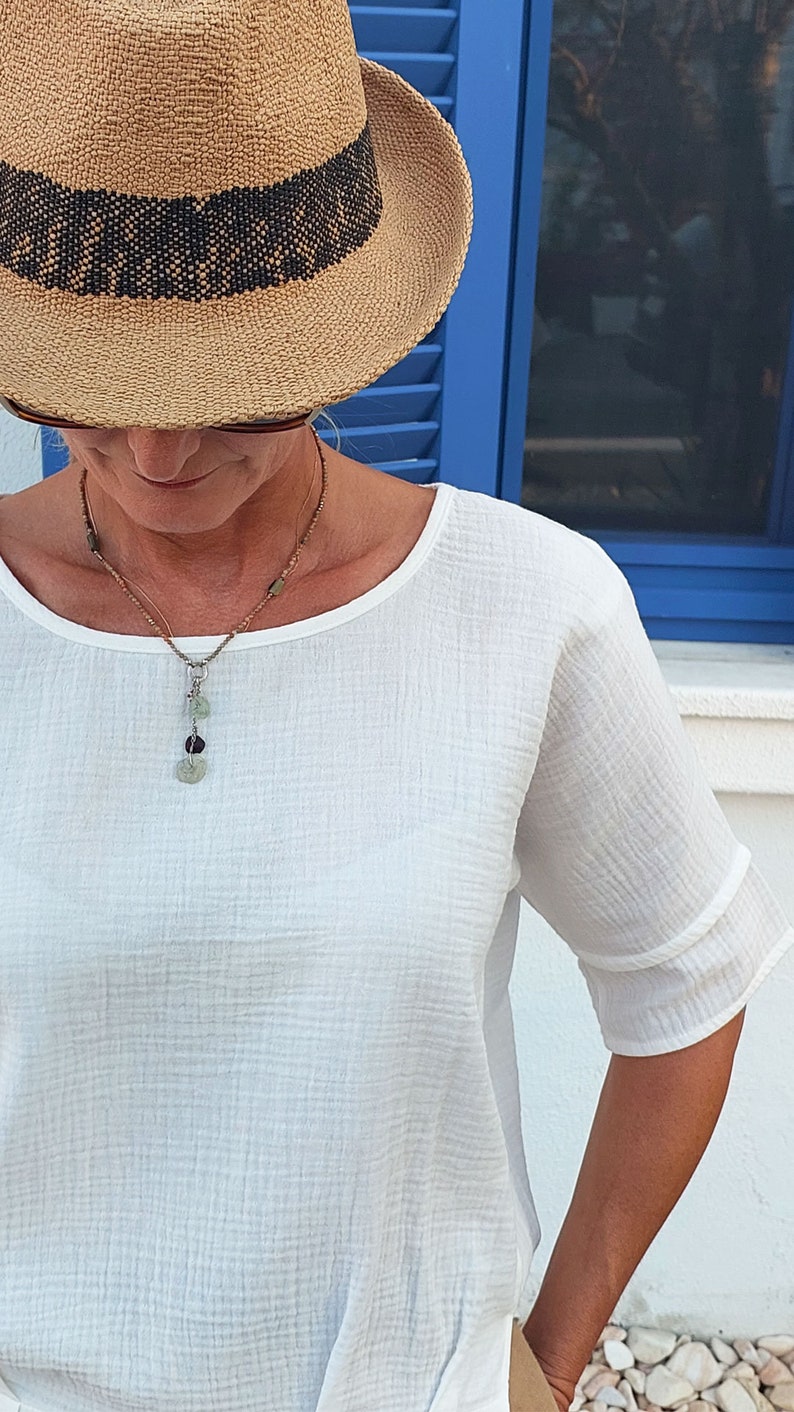 Weiße Musselin Frauen Bluse, 3/4 Ärmel Gaze Baumwolle Top, Lockere Bio ...