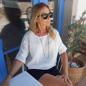 White Muslin Women Blouse , 3/4 Sleeve Gauze Cotton Top, Loose Organic ...