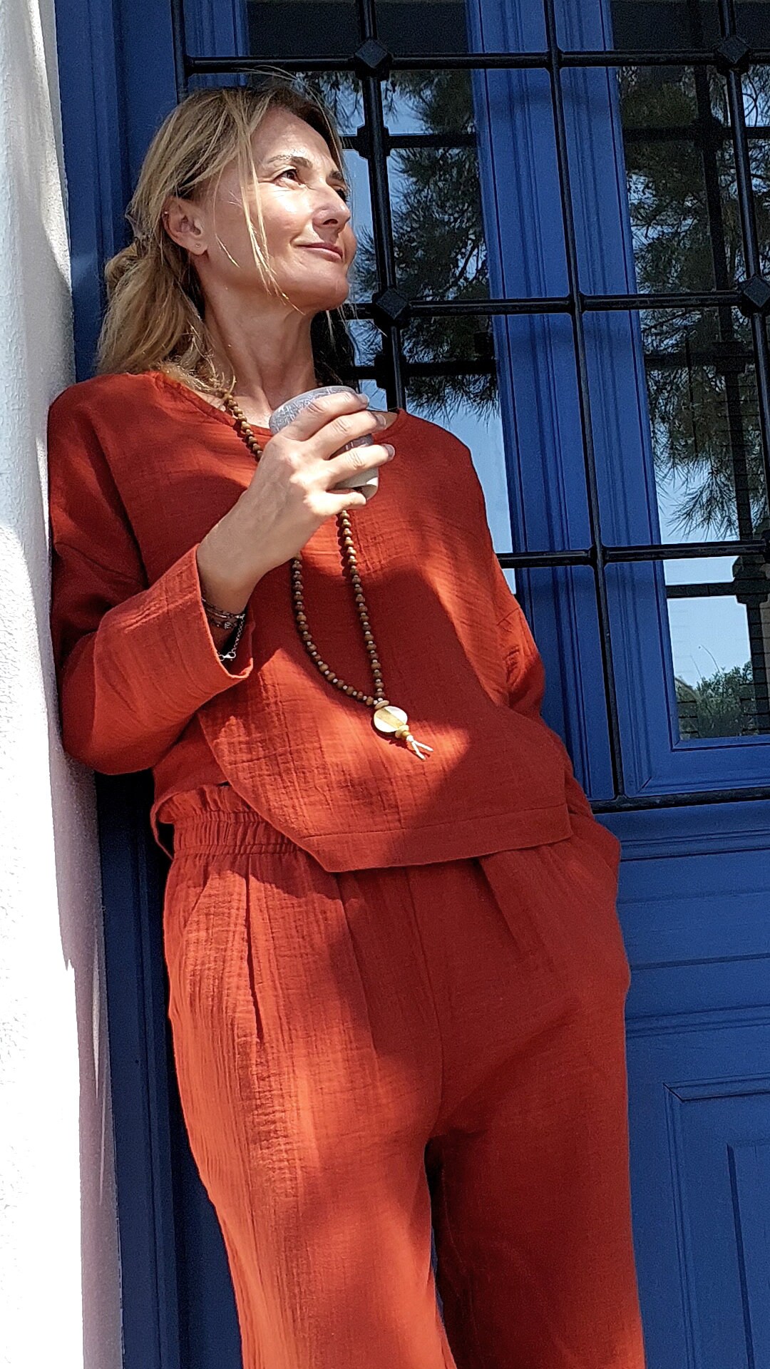 Burnt Orange Muslin Lounge Wear With Embroidered Blouse, Cotton Women ...