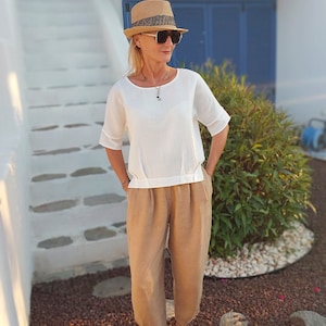 White Muslin Women Blouse , 3/4 Sleeve Gauze Cotton Top, Loose Organic ...