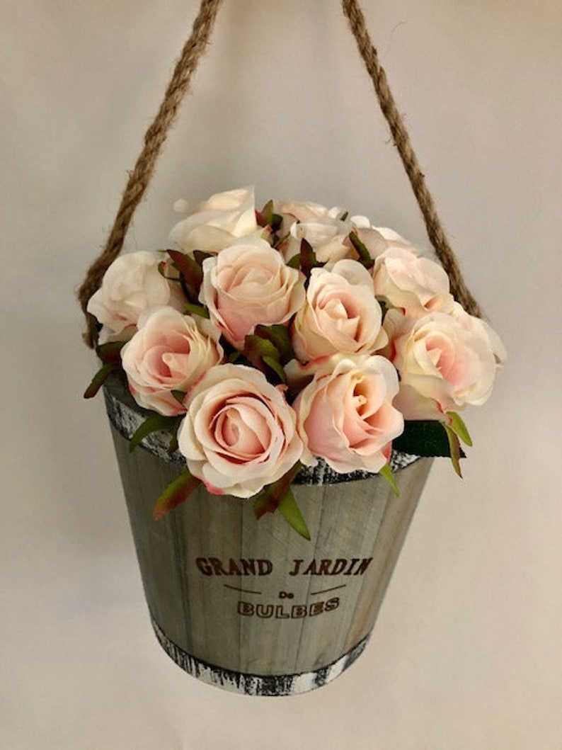 Hanging Wooden Bucket With Artificial Flowers Choose Ivory Roses,light ...