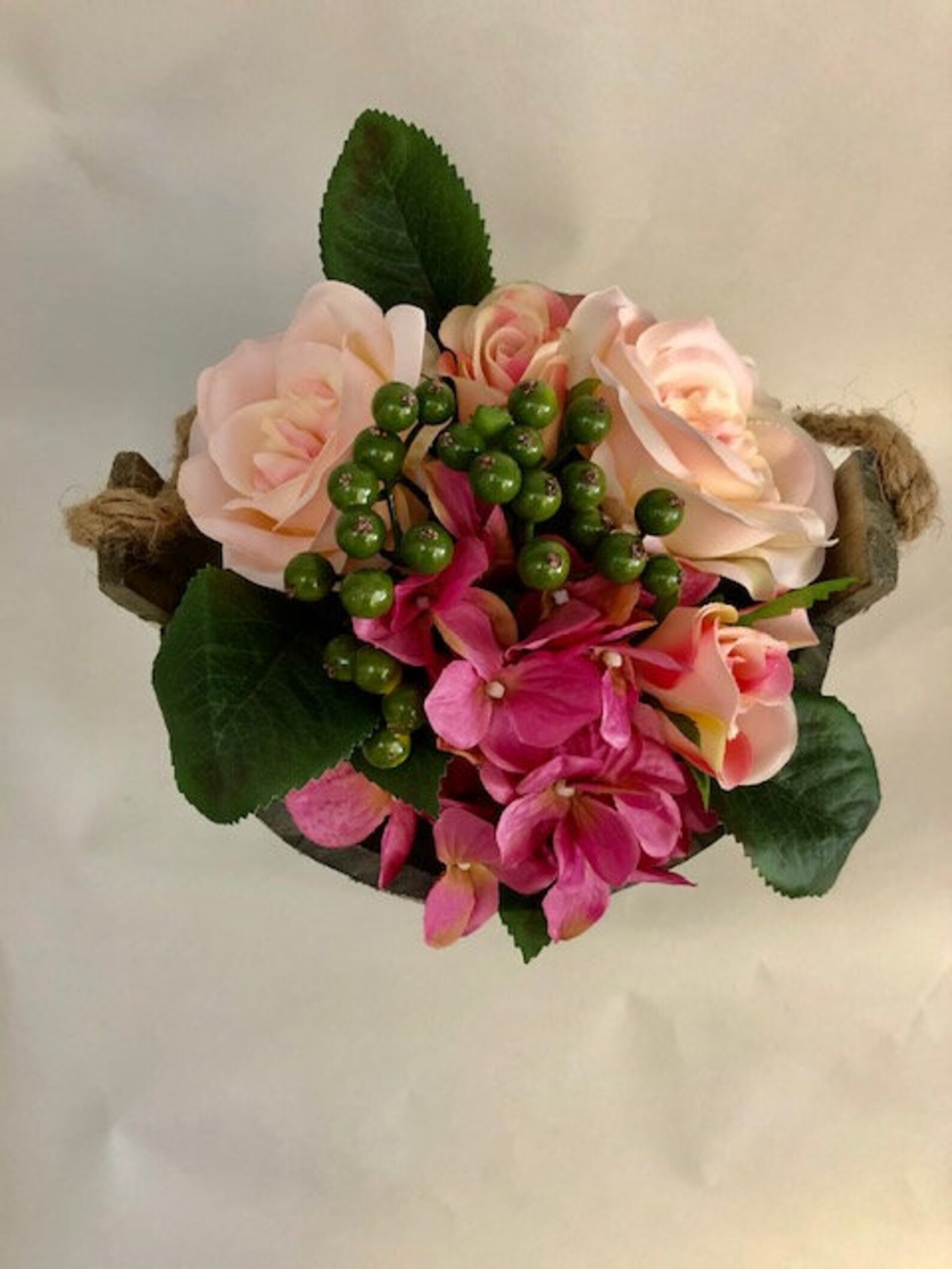 Hanging Wooden Bucket With Artificial Flowers Choose Ivory Roses,light ...