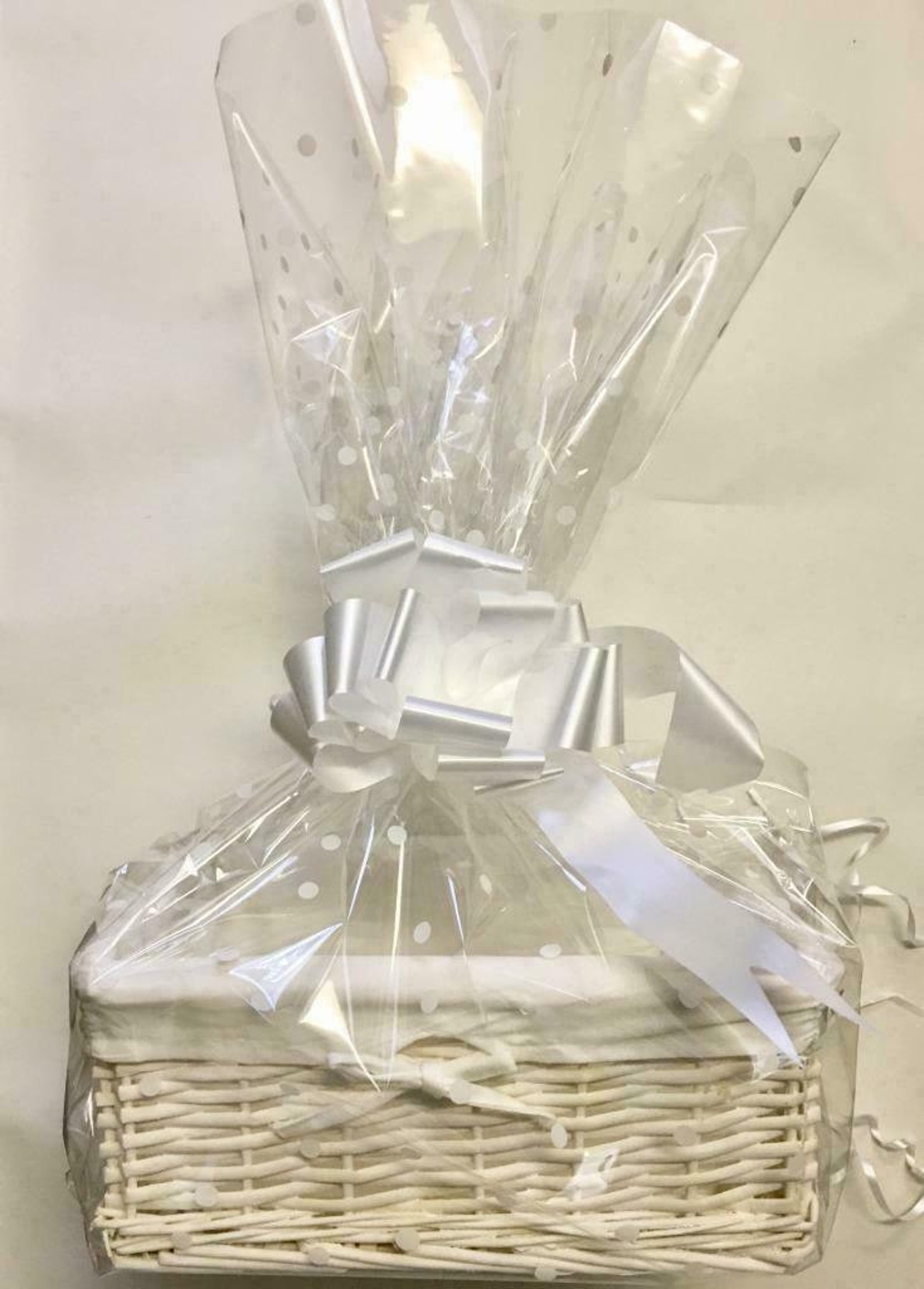 Small White Hamper Basket, Cellophane and Pull Bow - Etsy UK