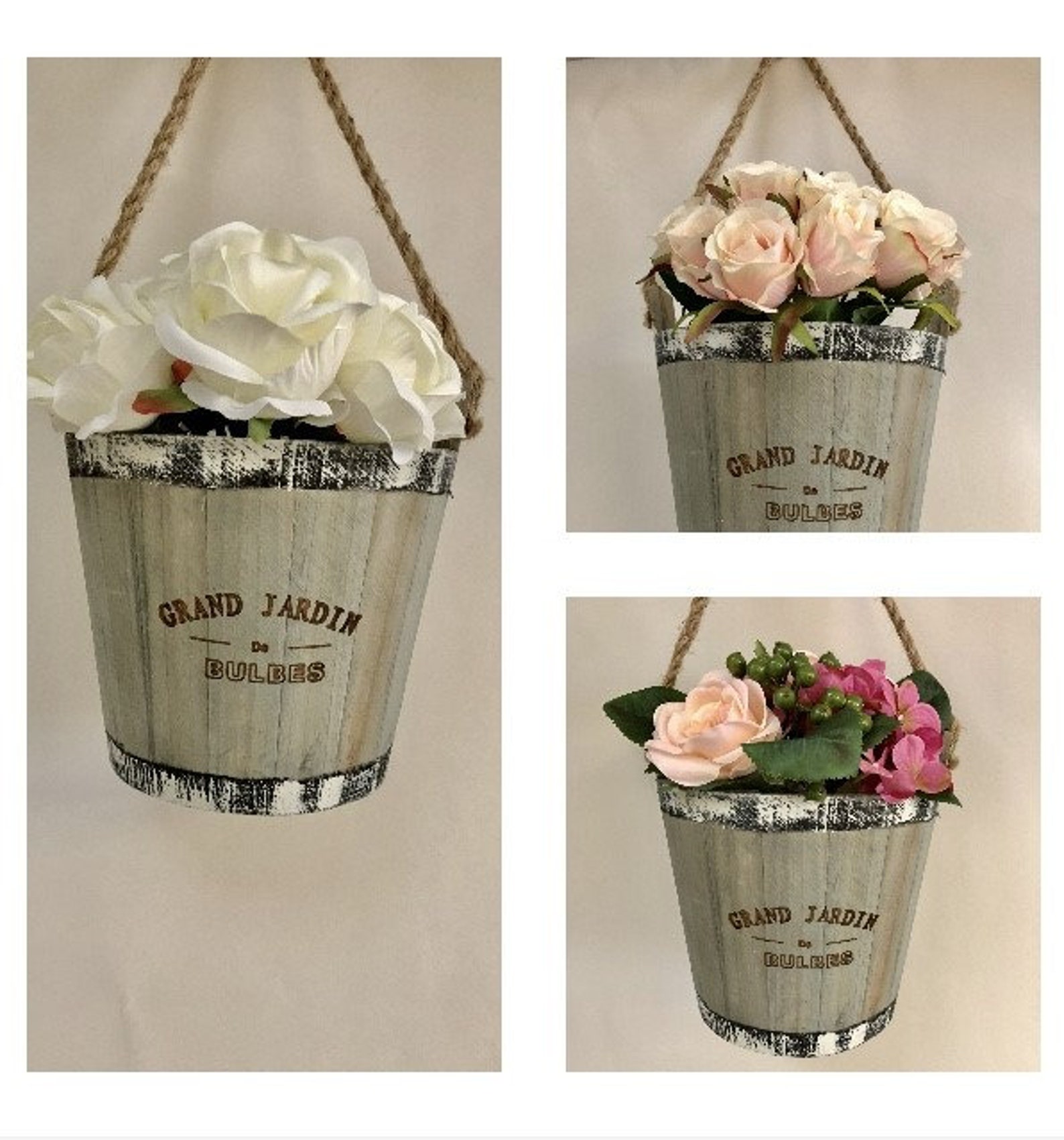 Hanging Wooden Bucket With Artificial Flowers Choose Ivory - Etsy UK