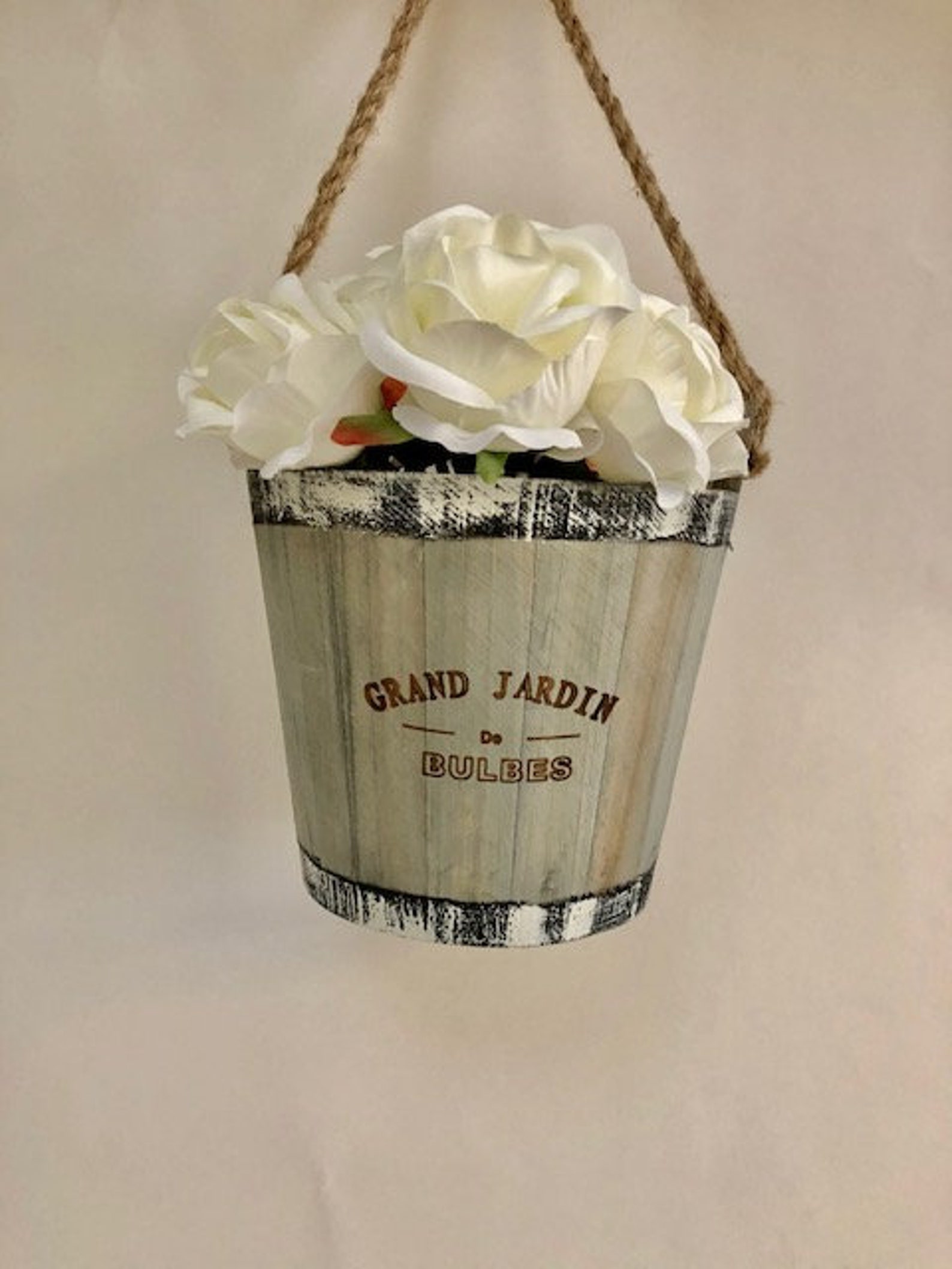 Hanging Wooden Bucket With Artificial Flowers Choose Ivory - Etsy UK