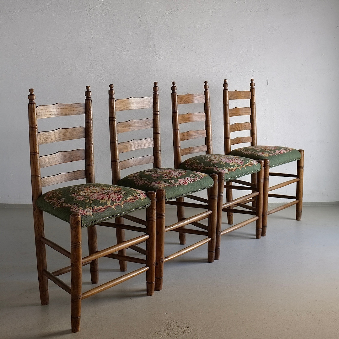 4 Rustic Ladder-back Oak Chairs With Embroidered Seats | Netherlands ...