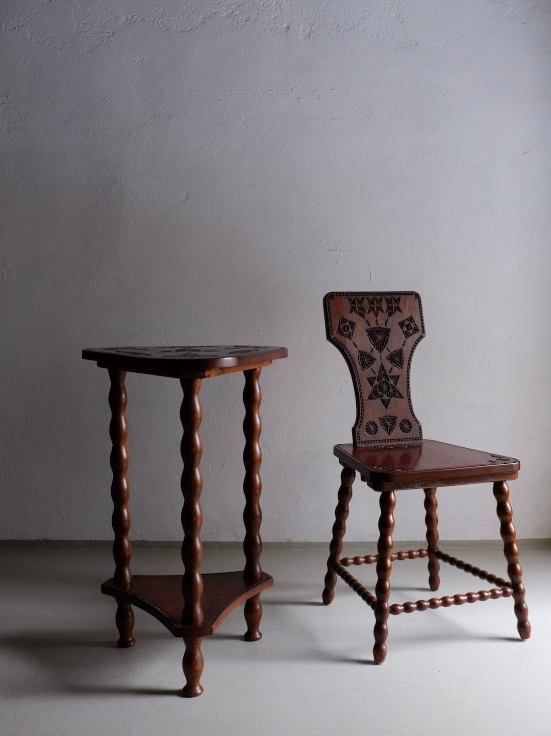 Carved Wood Bobbin Chair Table Set Sweden Vintage - Etsy