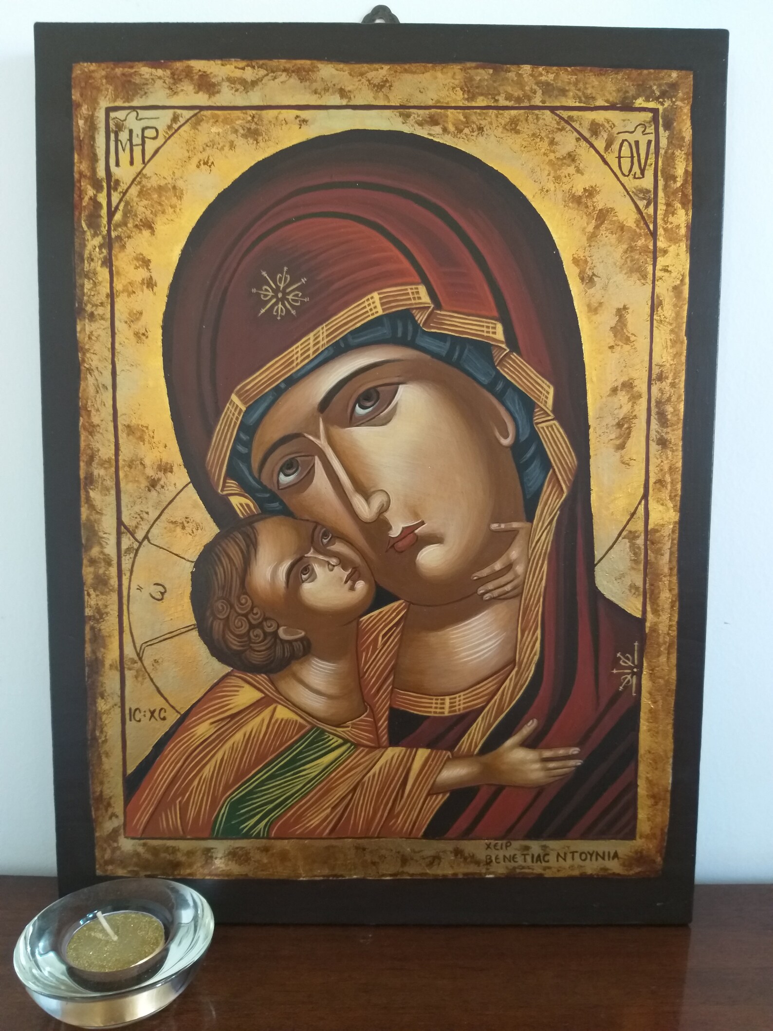 Virgin Mary Mother of God eleusa & Jesus Christ. Hand-painted Orthodox ...