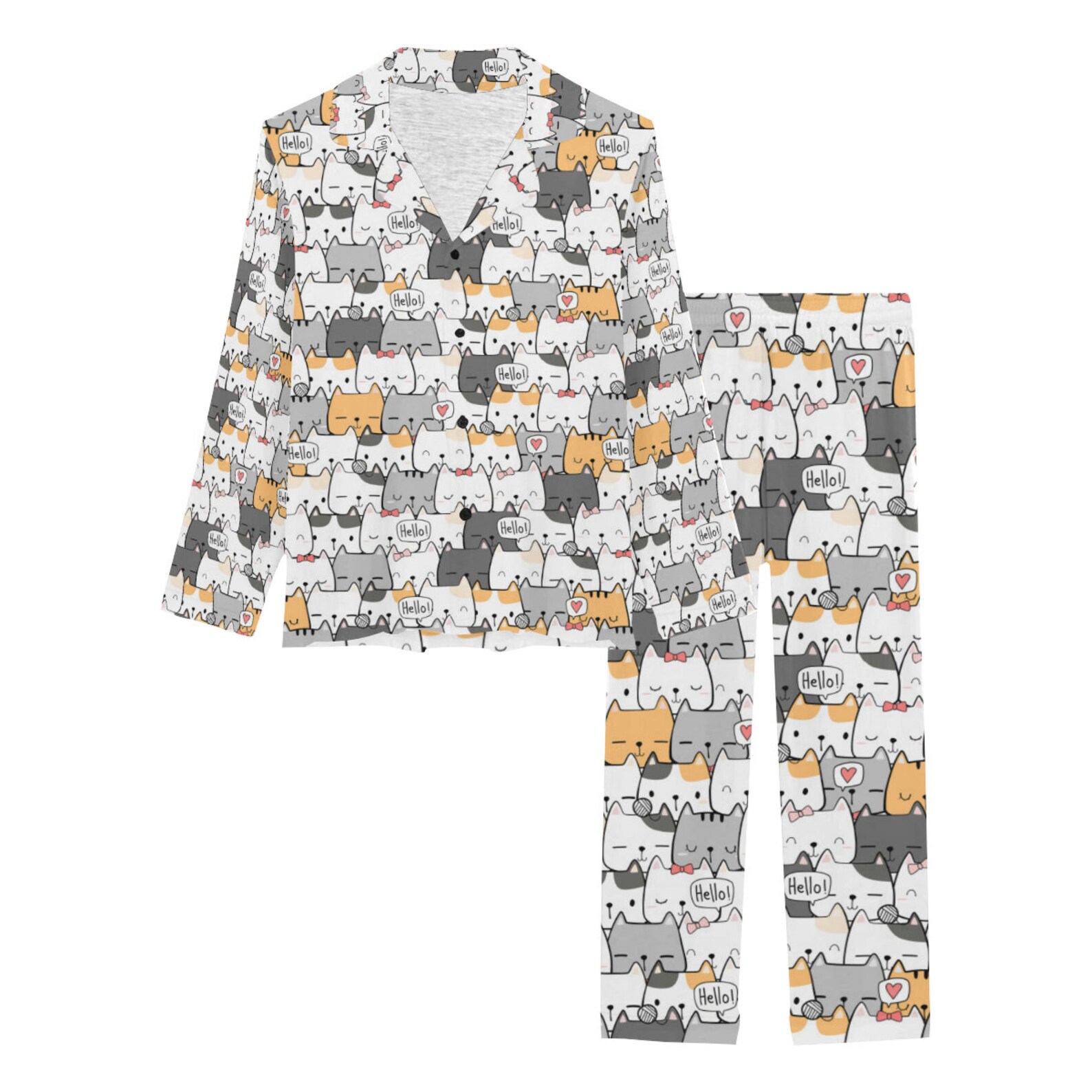 Cat Pattern Pajama Kitten Pajama Set Full Pajama Set | Etsy