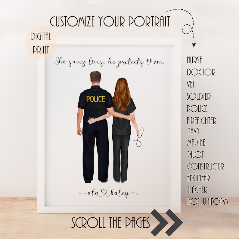 Personalised Nurse and Police Print,personalised Couples Portrait ...