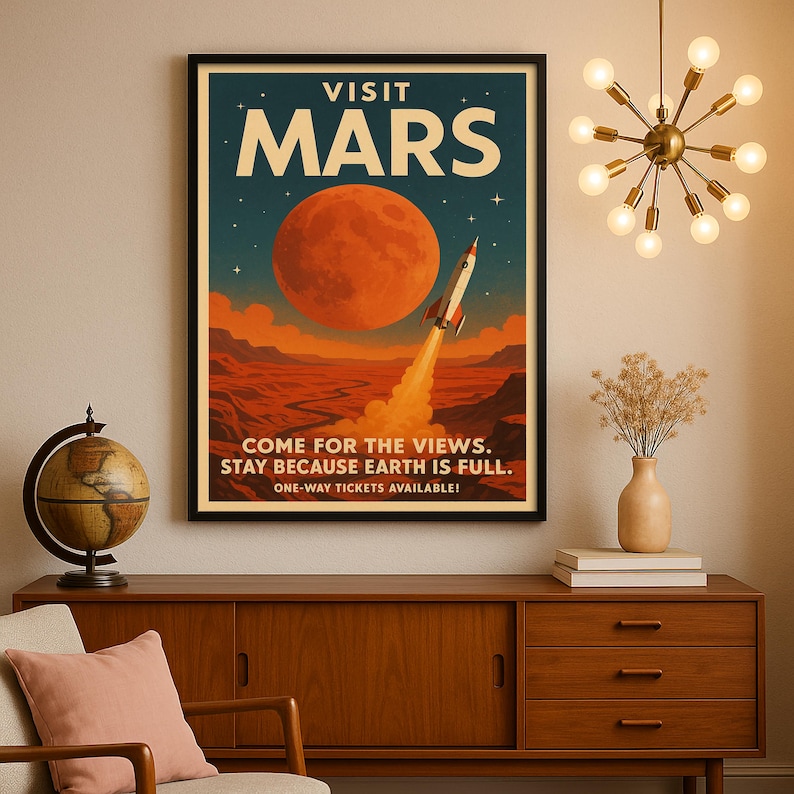 Visit Mars Retro Travel Poster - Futuristic Space Tourism Print ...