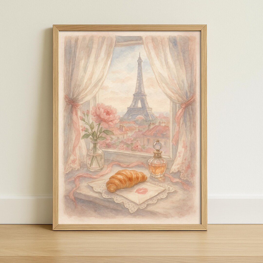 Romantic Paris Window View Poster Print - Eiffel Tower Soft Watercolor ...