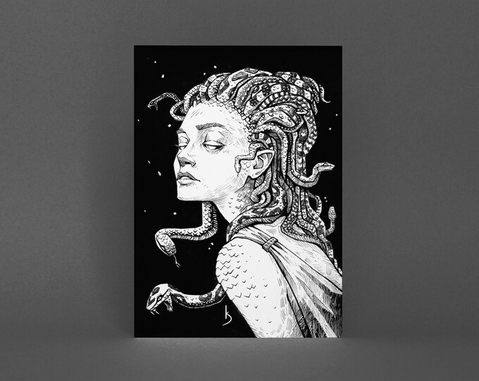 Medusa Art Print green Snake Haired Woman Greek Mythology Art Deco Art ...