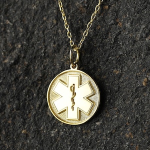14k Gold Medical Alert Necklace, Personalized Medical Alert Pendant ...