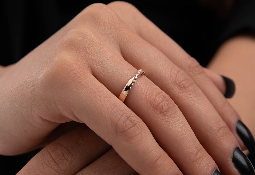 3 MM Wide, 14K Solid Gold Wedding Band, Twisted Wedding Ring With CZ ...