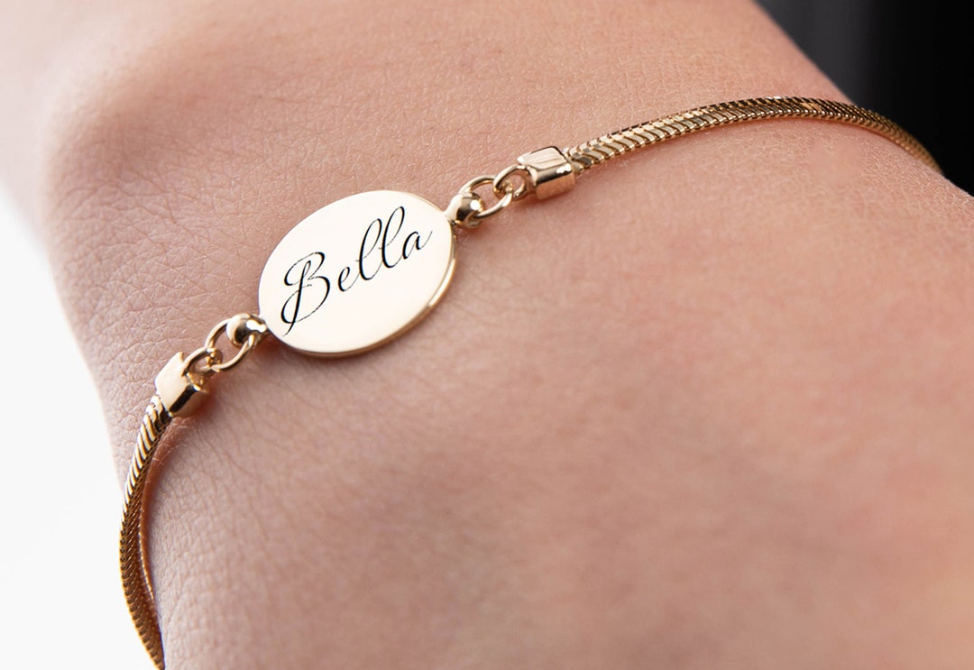 14K Gold Simple Coin Bracelet, Personalized Gold Letter Bracelet ...