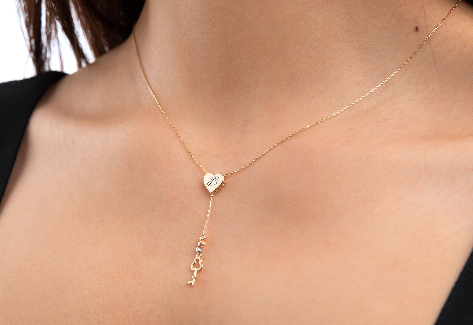 14k Gold Letter Heart Necklace With Key Tiny Heart Charm - Etsy