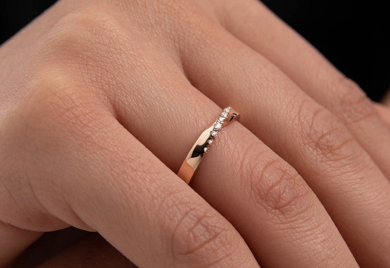3 MM Wide, 14K Solid Gold Wedding Band, Twisted Wedding Ring With CZ ...