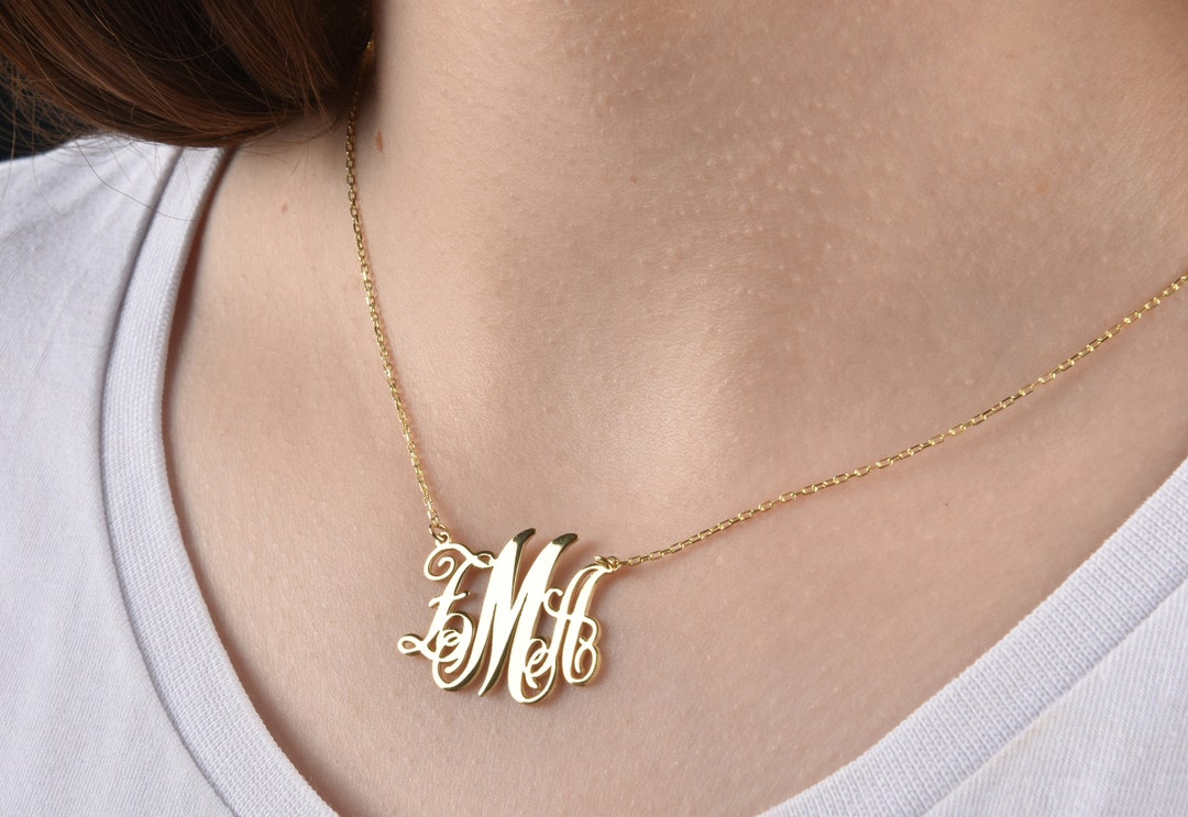 14k Gold Monogram Necklace, Monogram Necklace in Gold, Personalized ...