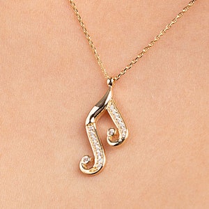 Music Note Necklace Gold, Music Lover Necklace, Music Charm, Zirconia ...