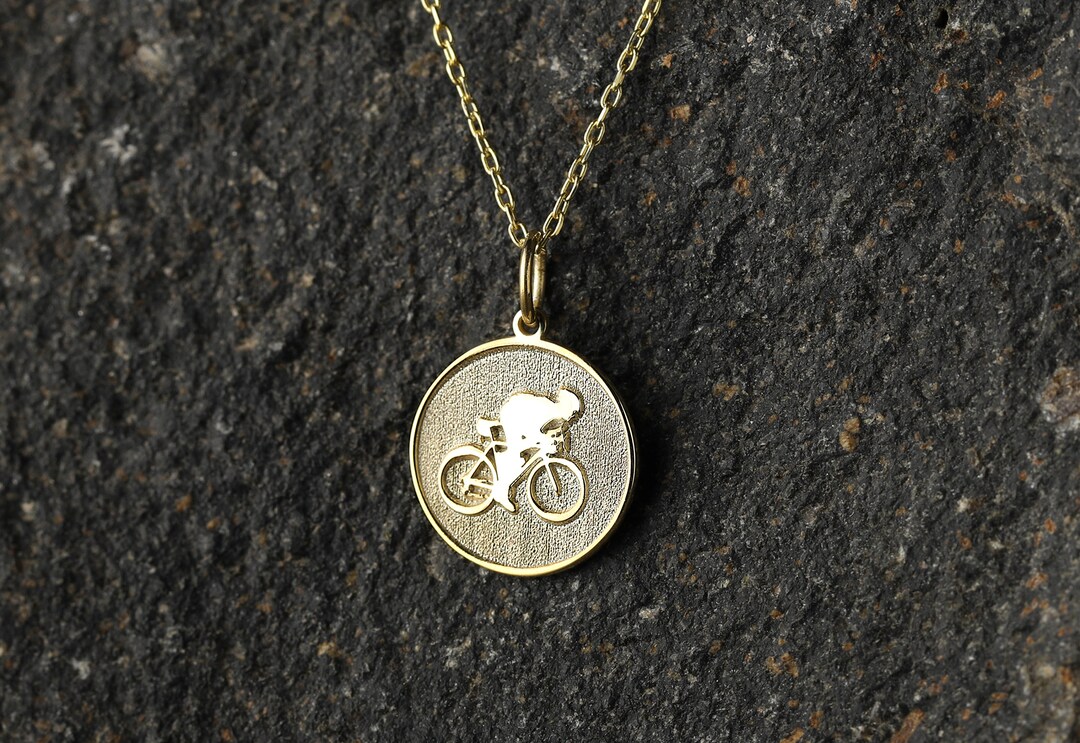 14k Gold Bicyclist Necklace, Personalized Bicyclist Pendant, Bicycle ...