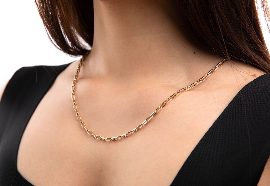 14K Gold Rectangle Chain Necklace Gold Paperclip Chain - Etsy