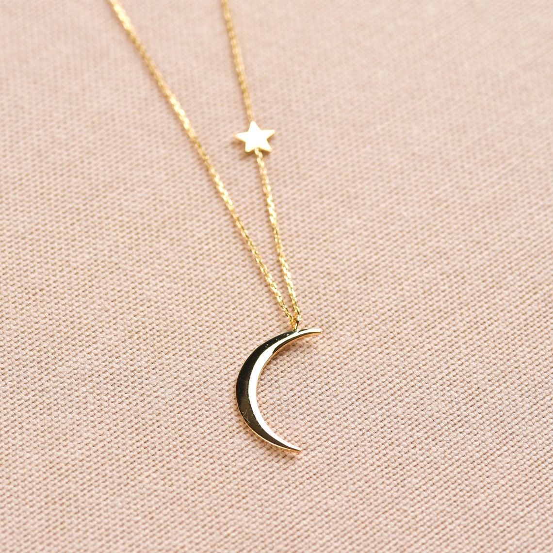 14k Gold Quarter Moon Necklace, Quarter Moon With Star, Necklace for ...
