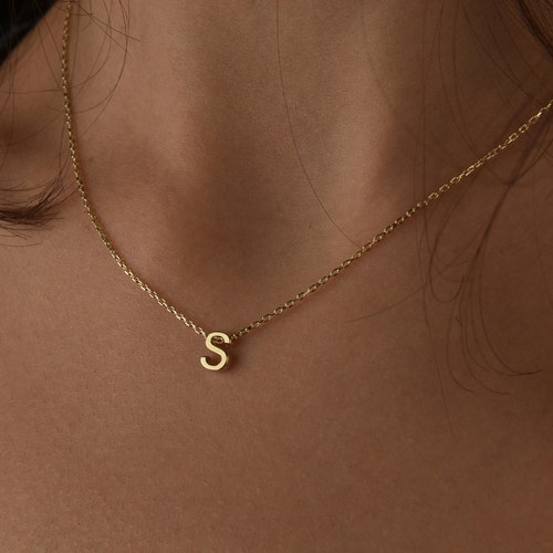 14K Solid Gold Tiny Letter Initial Personalized Necklace 14K - Etsy