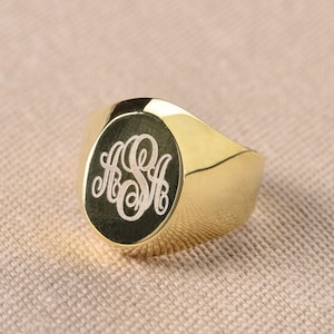 3 Letter Signet Ring, Monogram Ring Gold, 14k Gold Oval Signet Ring ...
