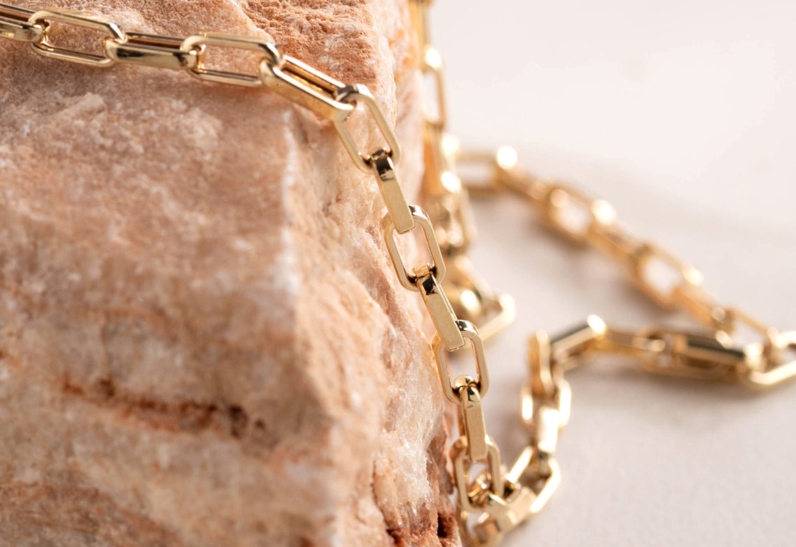 14K Gold Rectangle Chain Necklace Gold Paperclip Chain - Etsy