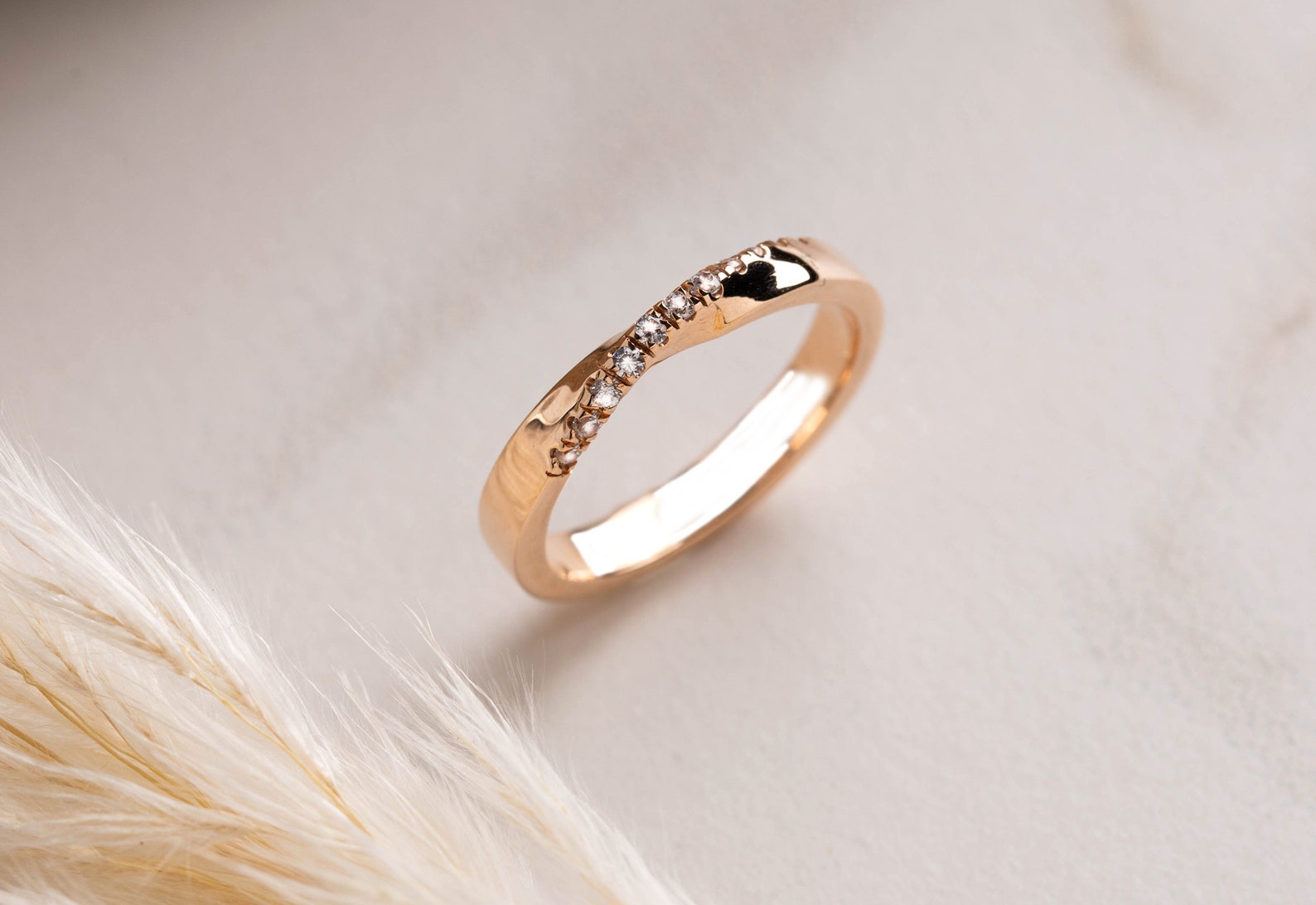 3 MM Wide, 14K Solid Gold Wedding Band, Twisted Wedding Ring With CZ ...