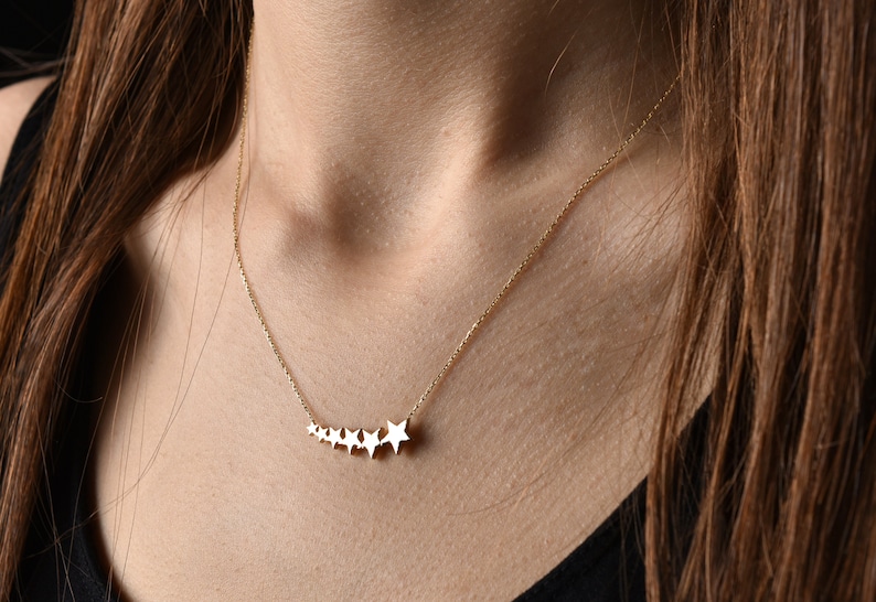 14k Gold Shooting Star Necklace, Multiple Star Necklace, 6 Stars Charms ...