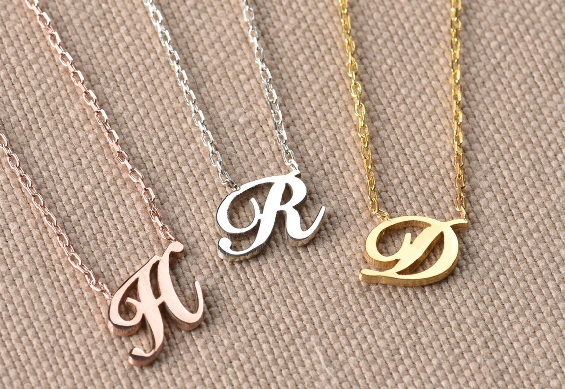 14k Gold Cursive Letter Necklace Dainty Gold Initial Etsy