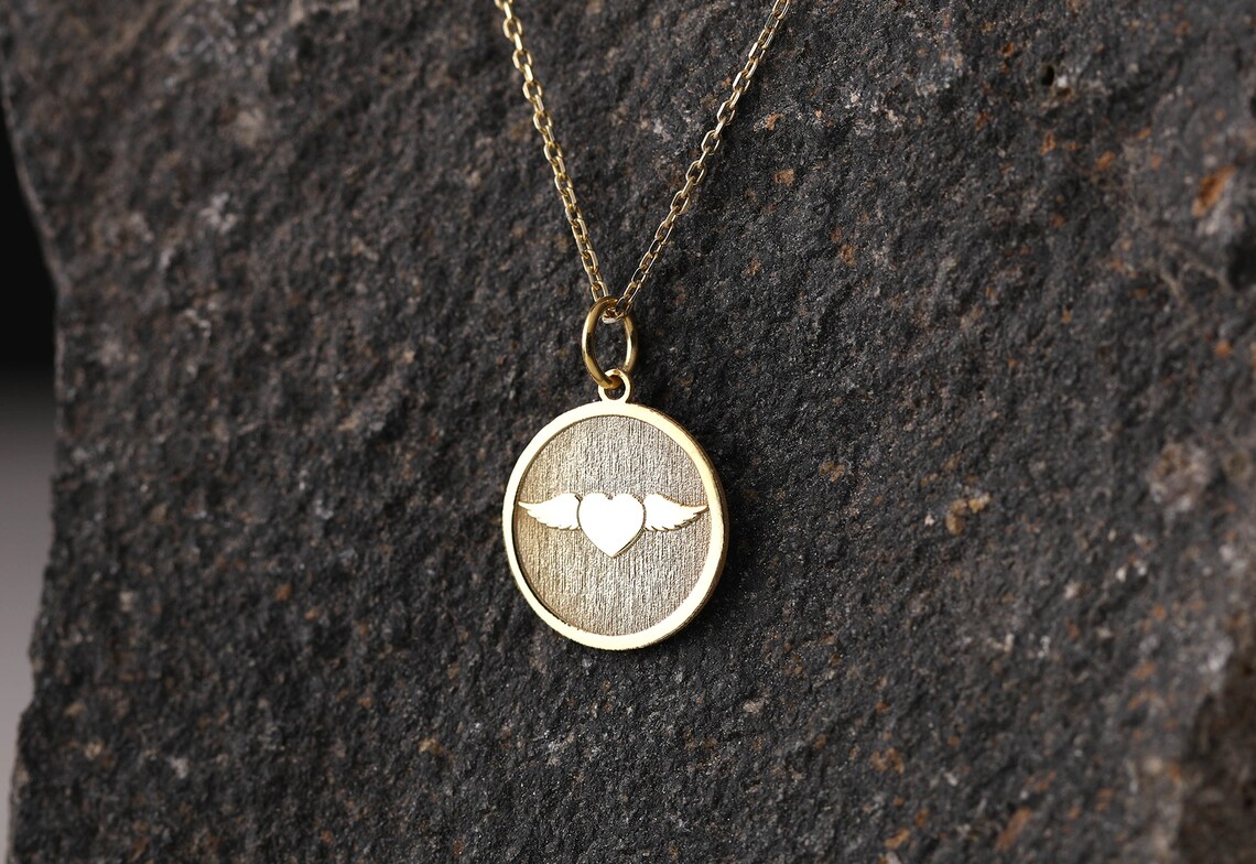 14k Gold Heart With Wings Necklace Personalized Heart With - Etsy