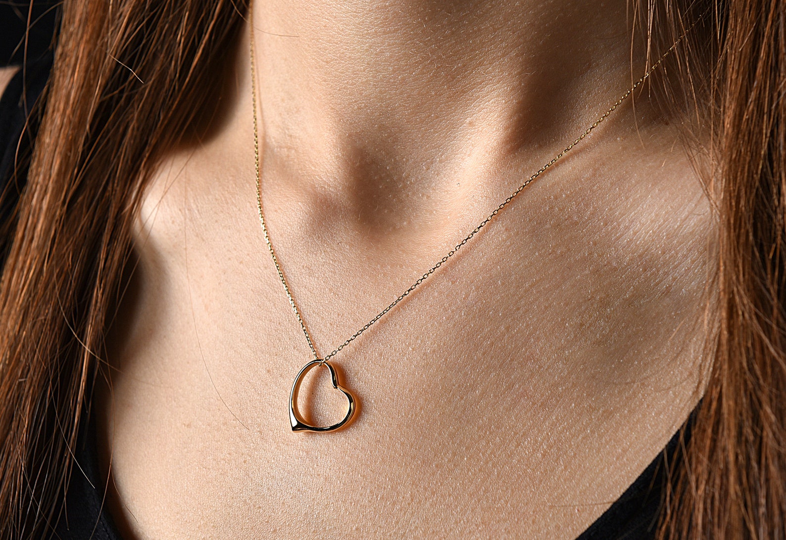 14k Gold Open Heart Necklace, Open Heart Pendant, Gold Necklace for Her ...