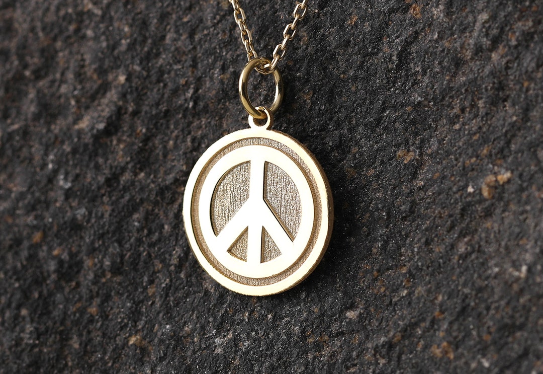14k Gold Peace Sign Necklace, Personalized Peace Pendant, Dainty Peace ...
