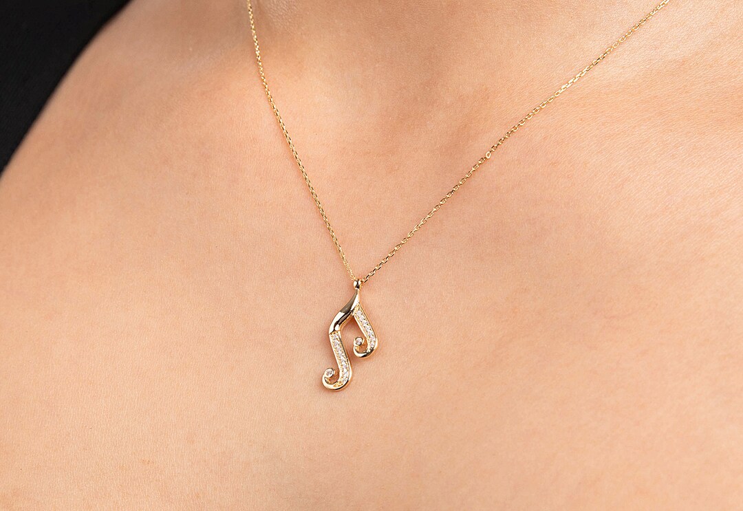 Music Note Necklace Gold, Music Lover Necklace, Music Charm, Zirconia ...