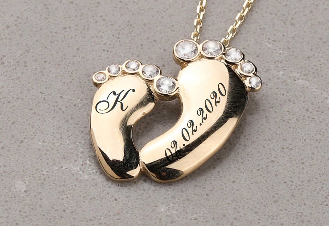 Baby Feet Necklace With Zirconia, 14k Solid Gold Baby Foot Necklace ...